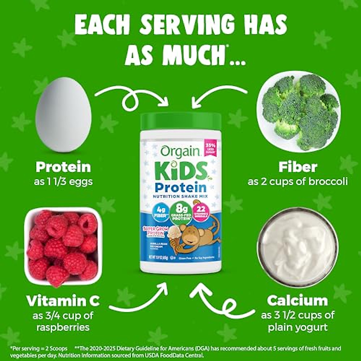 Orgain Kids Protein Powder Shake Mix, Vanilla Bean Ice Cream - 8g Grass-Fed Dairy Protein, 4g Fiber, 22 Vitamins & Minerals, Gluten Free, No Soy Ingredients, Adds Healthy Nutrients to Kids Snacks, 1lb