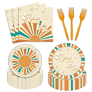 96 Pieces Here Comes The Son Tableware Set for Baby Shower Table Decorations Retro Sunshine Daisy Dessert Plates Napkins Forks for 24 Guests Boy Boho Sun Baby Shower Party Supplies