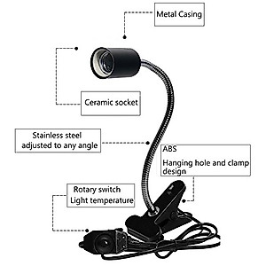 HIIZORR Heat Light for Reptiles Tortoise 720°Rotating Flexible Clamp Lamp Lizard Or Amphibian Adjust Brightness Habitat Lighting Holder, Bulb Not Included,Fit E27 Bulb |RESPECTING