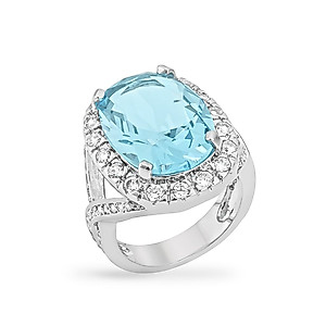 Kate Bissett Rhodium Plated Blue Topaz Oval Cocktail Ring with Faceted Blue Topaz Center CZ Size 8