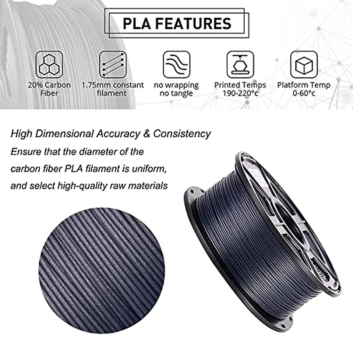 Suntop PLA Filament 3D Printer Filament Carbon Fiber Filament 1.75mm 20% Carbon Fiber Dimensional Accuracy +/- 0.03 mm 1kg 2.2lbs Black Spool
