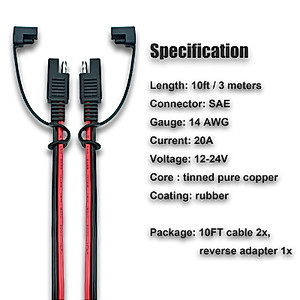 Ihurllu SAE Extension Cable, 10Feet SAE to SAE Extension Cord, 14AWG 2pin Quick Disconnect Harness Wire for Solar Panel and Battery Charging, 2PACK with One Reverse Polarity Connector