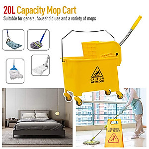 Mop Bucket with Wringer on Wheels, Commercial Mop Bucket with 20 Quarts Mop Bucket & Side Wringer Combo, Mop and Bucket with Wringer Set for Home (2PCS Yellow)