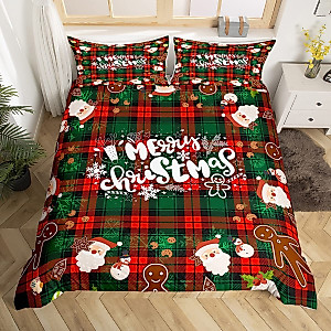 Christmas Duvet Cover Queen,Cartoon Santa Claus Snowman Bedding Set for Adult,Red Green Grid Checkered Comforter Cover,Snowman Snowflake Bells Quilt Cover with 2 Pillow Shams Bedroom Decor