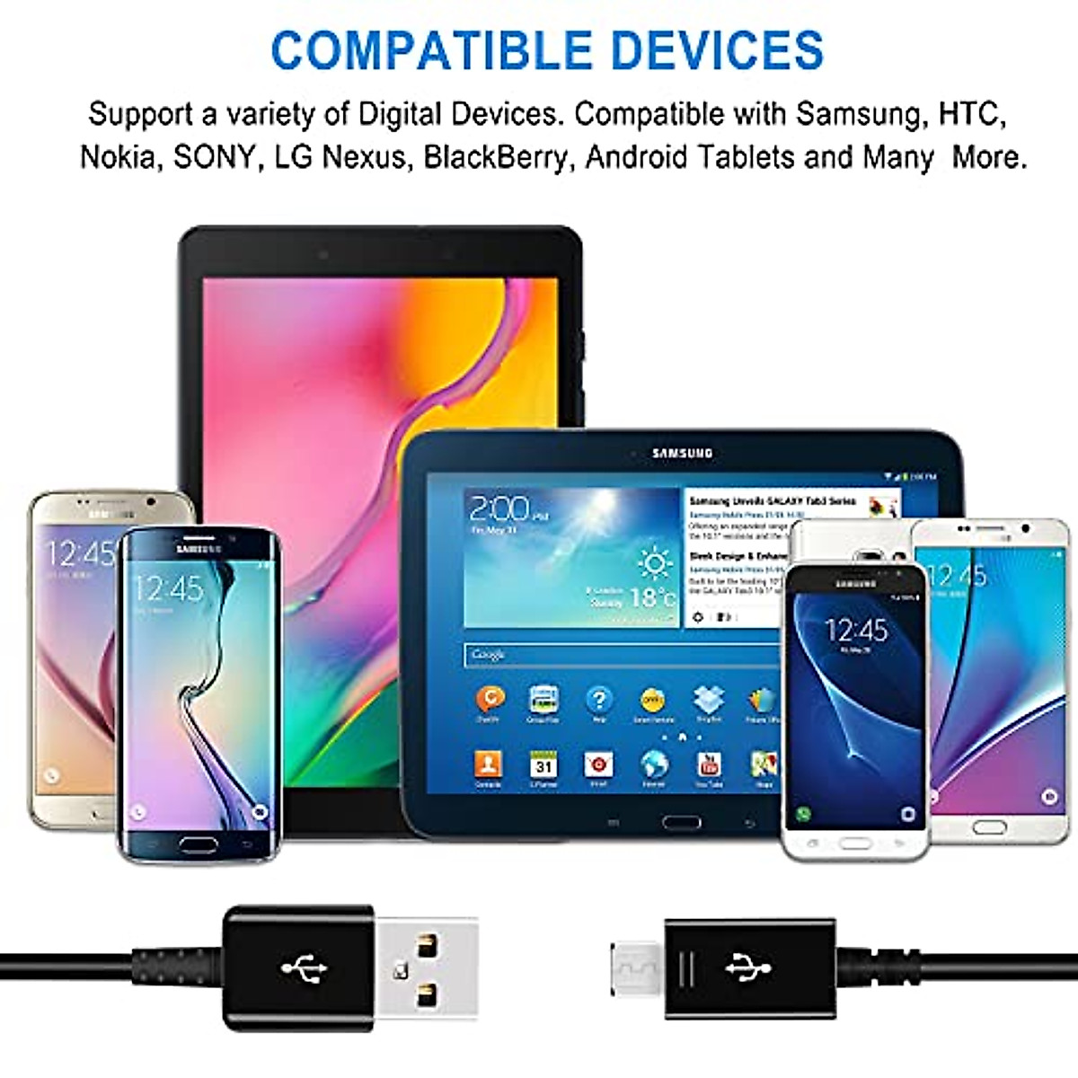 Adaptive Fast Charger Kit Compatible with Samsung Galaxy S7/S7 Edge S6 /S6 Edge/ Note5/4 S4/S3 S2 J7 J7V J5 J3 J3V J2/G3 G4 K20/ Moto E4 E5, USB Wall Charger and 5FT Micro USB Cable (2 Pack, Black)