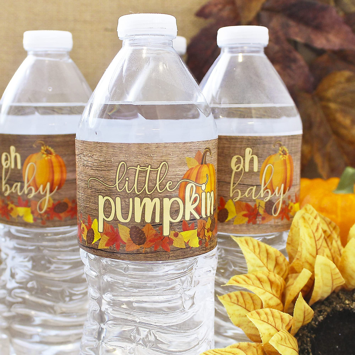 Rustic Fall Little Pumpkin Baby Shower Water Bottle Labels - Autumn Unisex Themed Waterproof Bottle Wrappers - 24 Count