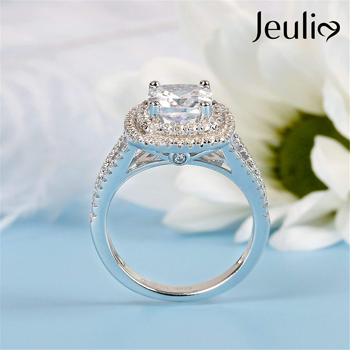 Jeulia Brilliant Diamond Band Rings for Women Halo Split Shank Cushion Cut 925 Sterling Silver Ring Wedding Engagement Anniversary Promise Ring Bridal Sets (8.0(U.S))