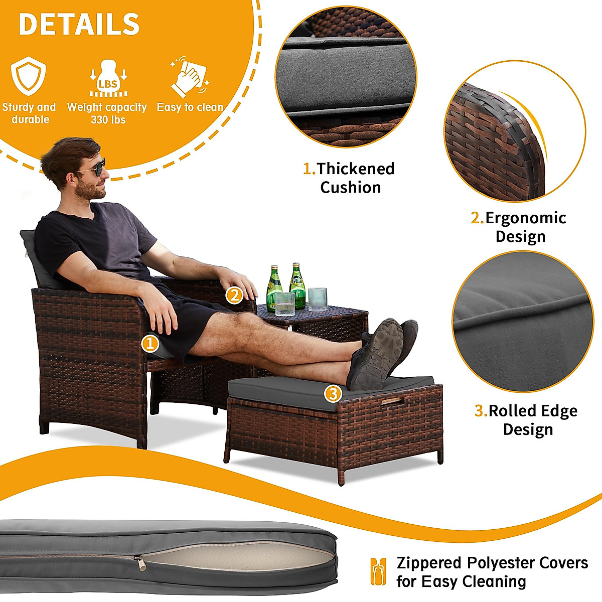 UDPATIO 5 Piece Patio Furniture Set, Outdoor Patio Conversation Rattan Chair with Ottomans w/Storage Coffee Table for Patio, Space Saving Design for Balcony Poolside Front Porch Deck, Navy