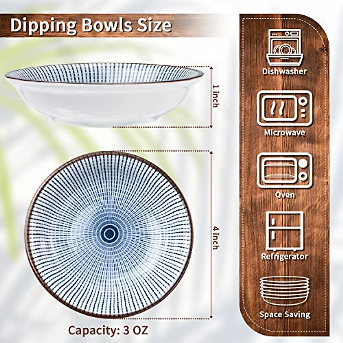 Eisinly Dipping Bowls, Soy Sauce Dish Ceramic, 3 OZ Small Serving Bowls for Side Dishes Vintage Blue Stylish Design, Set of 6 Mini Appetizer Plates for Condiment Sushi Ketchup BBQ Party, 4 Inch