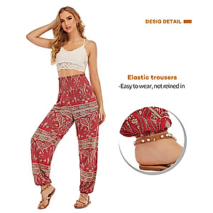 QIANXIZHAN Women's Harem Pants, High Waist Yoga Boho Trousers with Pockets Burgundy Red S