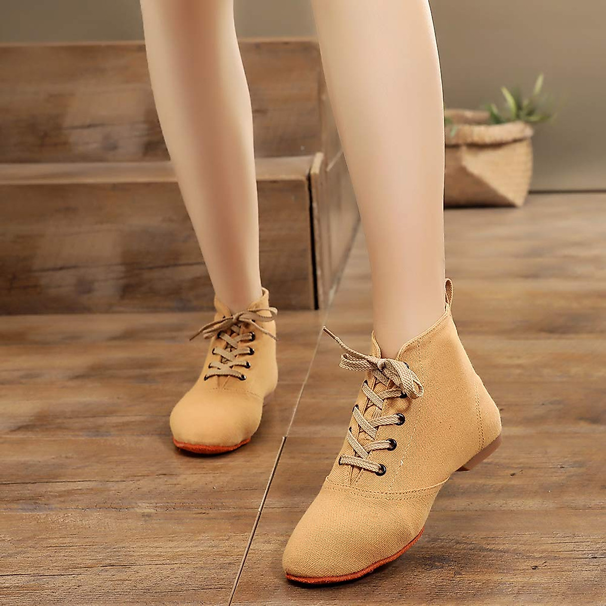 TINRYMX Canvas Lace Up Dance Shoes Split Sole Ballroom Jazz Modern Dance Boots for Women,Light tan,8.5 US