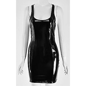 Rozegaga Womens Sexy Scoop Neck Thick Shoulder Latex Mini Party Dresses Black Large