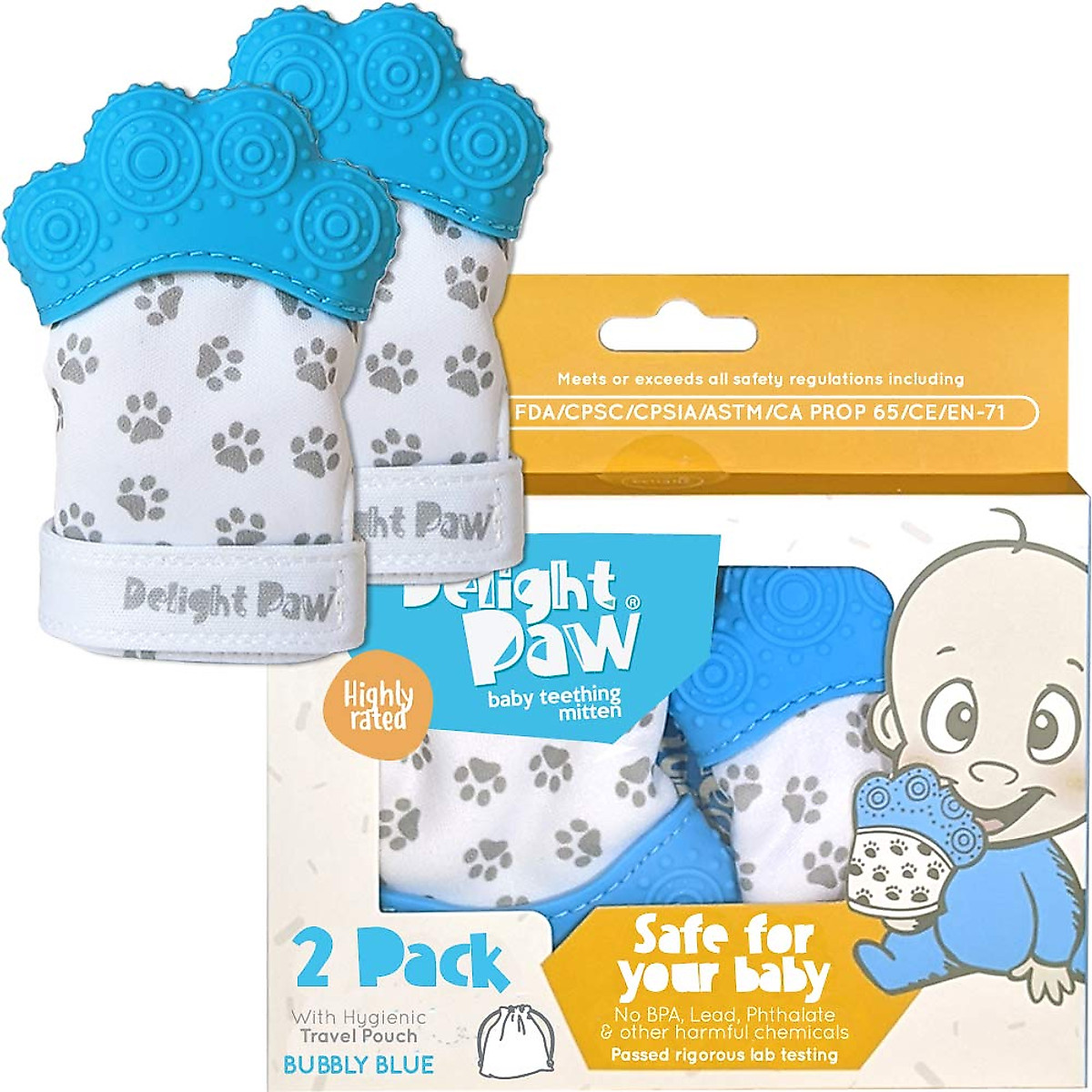 Delight Paw Baby Teething Mitten Mom Designed | Self Soothing Pain Relief | Hygienic Travel Bag | No BPA | Baby Boy Baby Girl | Babies Over 3 Months | Bubbly Blue | 2 Pack