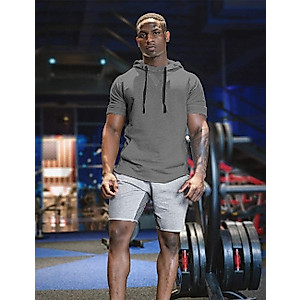 COOFANDY Men's Workout Hoodie Short Sleeve Hoodie Sweatshirts Gym Muscle Tee Cotton Hooded T Shirt with Pocket Dark Grey