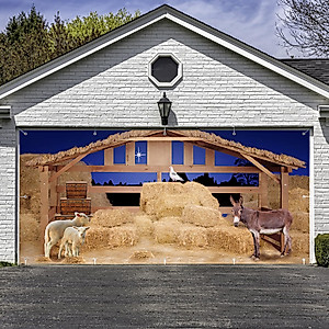 Preboun Christmas Nativity Garage Door Banner Cover Nativity Stable Scene Backdrop Banner Farm Barn Backdrop Christmas Banner Western Photo Backdrop Outdoor Xmas Holiday Winter Party Decor (6 x 13 FT)