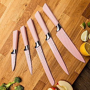 Bakedger 7 pieces knives set, ultra sharp, attractive design, chef knife, slicing knife, bread knife,utility knife paring and shears, scissors, peeler, stylish design, Pink