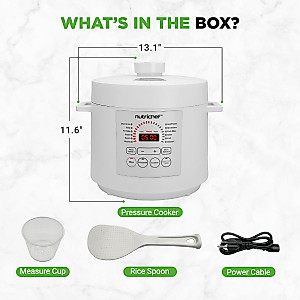 NutriChef Electric Pressure Cooker 6 Quart Capacity | 9 Function Digital Countertop Pressure Cooker | Adjustable Time & Temperature | Cook, Bake, Steam, Broil, & Braise | 13.1 x 11.4 IN | White