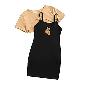 SOLY HUX Girl's 2 Piece Outfits Short Sleeve Crop Top and Cartoon Print Cami Dress Set Multicoloured 11-12Y