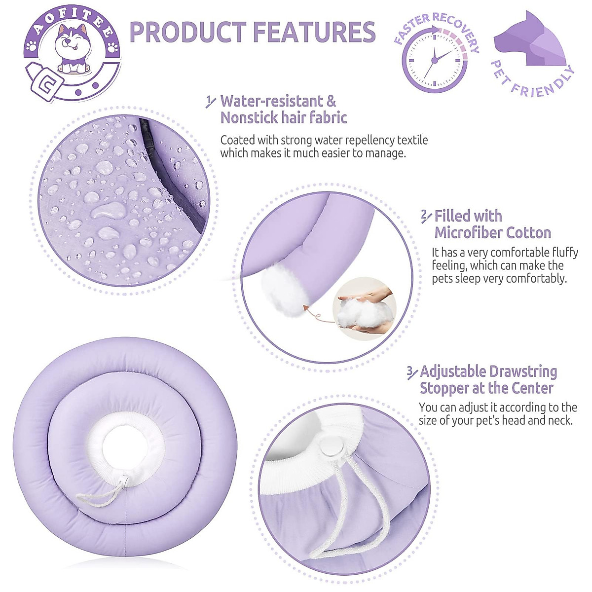 AOFITEE Dog Cone Collar Soft, Protective Dog Recovery Collar Pet Neck Donut E-Collar After Surgery, Comfy Water-Resistant Adjustable Elizabethan Collar for Cats Small Medium Dogs, Anti Licking