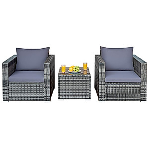 RELAX4LIFE 3-Piece Outdoor Furniture Set - All Weather PE Rattan Sofa Couch Set w/Thick Cushions & Tempered Glass Coffee Table, Patio Conversation Set for Lawn Yard Poolside (Grey)