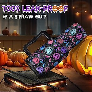 40 oz Halloween Tumbler with Handle, Wicked Pumpkin & Bat Tumblers with Lid and Straw, Double Walled Vacuum Coffee Travel Mug, Keep Cold for 30 Hours, Ideal Gift for Women Men (Black)