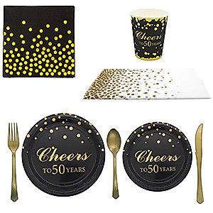 Pandecor 50th Birthday Party Supplies -Serves 20-142 PCS Disposable Tableware Set,Includes Table Cover,Dinner Plates,Dessert Plates,Cups,Napkins,Forks,Knives and Spoons for 50 Years Anniversary Party