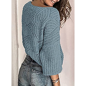 Dokotoo Womens Ladies Cute Fashion Casual Loose Winter Fall 2023 Color Block Hollow Out Chunky Cable Knit V Neck Long Sleeve Sweaters Pullover Dusty Blue Large