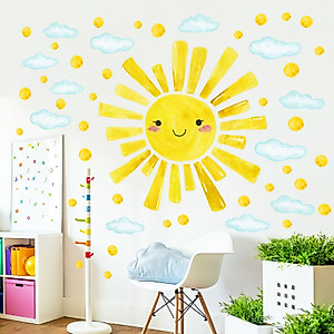 Eutecado Watercolor Large Sun Wall Decals Cloud Polka Dots Wall Stickers for Kids Room, 12 Sheets Lovely Smile Sun Wall Decor Stickers Peel and Stick Wall Decorations Stickers for Bedroom Nursery