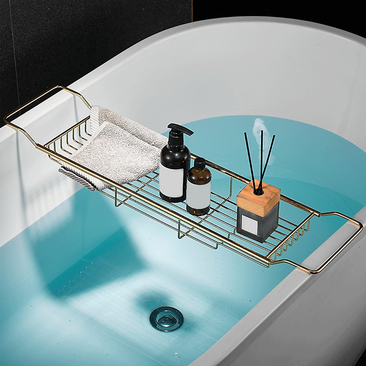 GIYDNEI Stainless Steel Bathtub Caddy Tray, Expandable Bath Tub Tray Table, Adjustable Bathroom Tray, Bath Organizer Tub Shelf,Black,26.8~35.4in