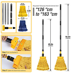 Gadhra Commercial Mop, Looped-End String Industrial Mop, Heavy Duty Mops with 2 String Mop Heads for Floor Cleaning, Blue/Yellow