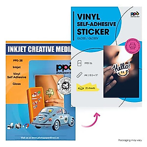 PPD 20 Sheets Inkjet Creative Media Waterproof Glossy Self Adhesive PVC Vinyl Sticker Paper 8.5x11 True Photographic Quality 4.1mil Thin Full Sheet Instant Dry Scratch and Tear Resistant (PPD-36-20)