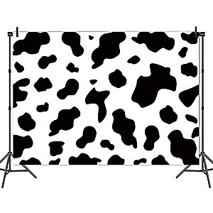 HQM 7x5FT Soft Fabric/Polyester Cow Party Photography Backdrops Black and White Cow Farm Animal Happy Birthday Photo Background Kid's Birthday Party Newborn Baby Shower Banner Props, 7x5ft(210X150CM）