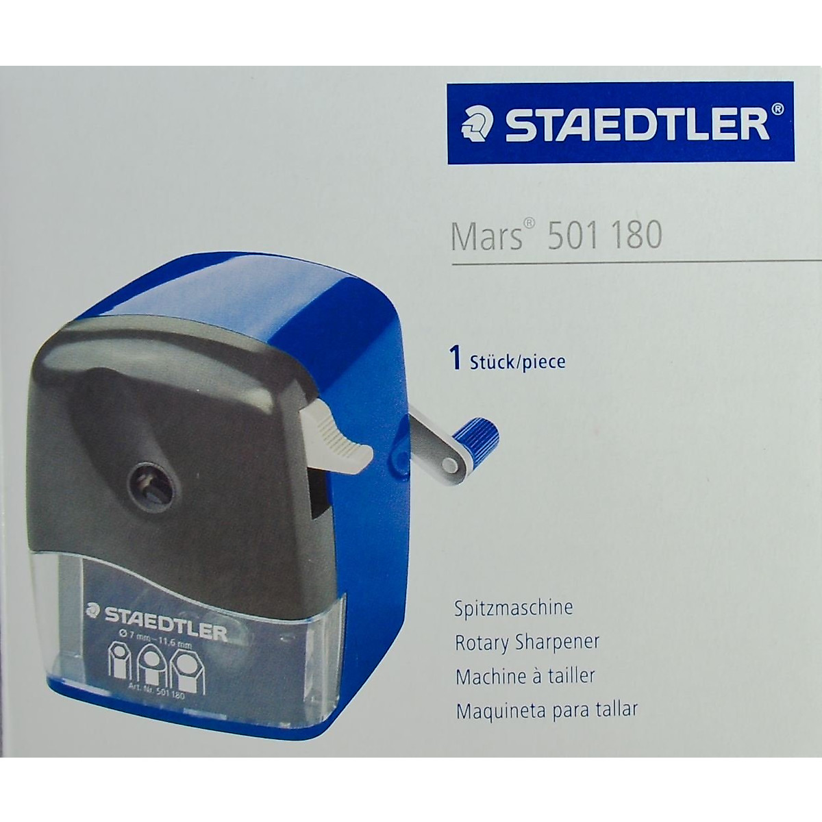 STAEDTLER Mars® 501 180 Rotary sharpener for Round, Triangular, Hexagonal prisma color, pencils, Classic Manual Pencil Sharpener, Desk clamp