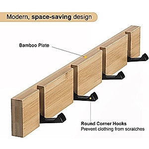 Uwchuan Coat Hooks Wall Mounted, Wooden Bamboo Wall Hooks with 4 Standard Retractable Hooks, Space-Saving Hat Key Hook Rack for Entryway, Hallway, Bathroom, Living Room, Bedroom (Wooden)