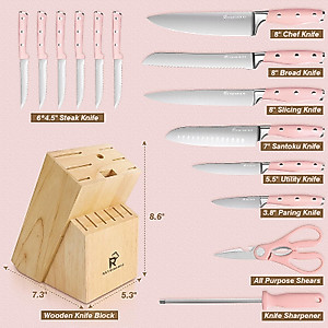 Pink Knife Set,15 Pieces Professional Kitchen Knife Set with Universal Knife Block, Super Sharp Knife Set with Ergonomic Handle Non-stick Stainless Steel Knife Block Set (Pink-15 Pieces)