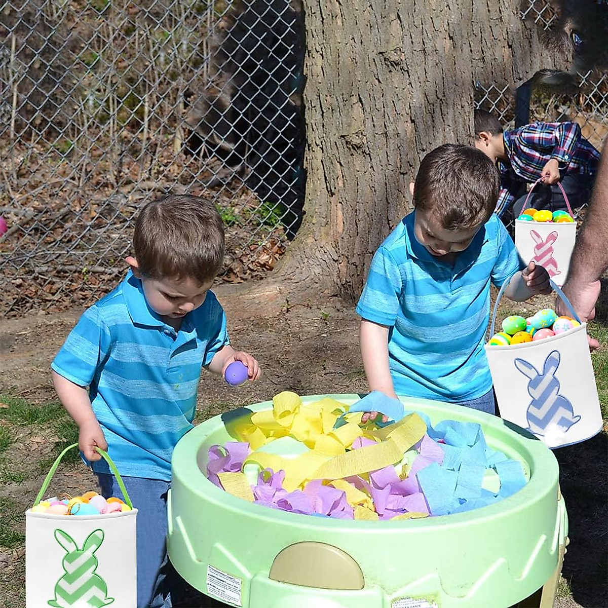 AOUTACC 3 Pack Easter Bunny Baskets, Easter Egg Hunt Bunny Bags Little Baskets with Fluffy Tail Canvas Cotton Rabbit Handbag Bucket Tote Bag for Kids Girls (Style 3,Pink + Green + Blue)