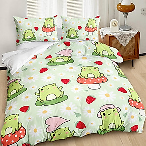AILONEN Cute Frog Kids Duvet Cover Set, 3 Pieces Queen Size Frog Bedding Set,Cute Frog Strawberry Pattern Comforter Cover Set, 1 Quilt Cover and 2 Pillowcases