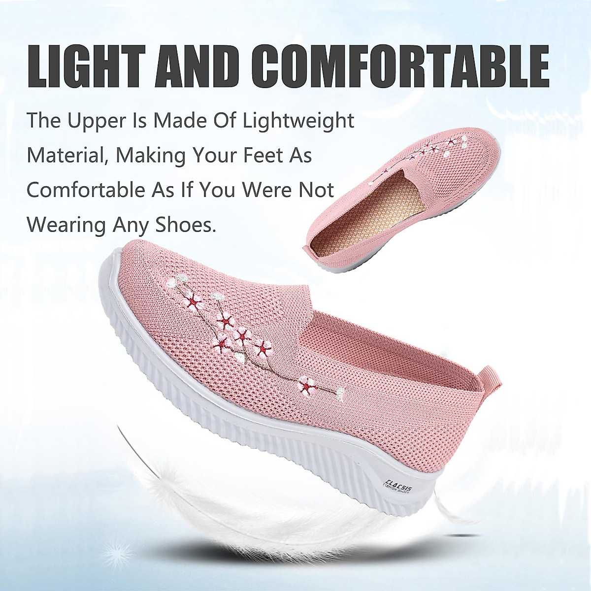Lymphvity Women's Flower Embroidered Mesh Slip On Walking Shoes Height Fashion Wedge Increasing Loafers Sneakers Non Slip Memory Foam Mom Walking Nurse Shoes (7,Pink)