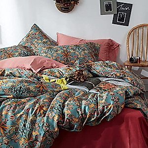 mixinni Vintage Style Garden Flower Duvet Cover Set with Zipper Closure Soft Cotton Yellow Flower Pattern on Blue Bedding Quilt Cover Set(King, All Season)