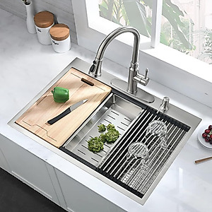 BoomHoze 33-inch Kitchen Sinks, 33x22 Drop In Kitchen Sink 304 Stainless Steel Sink Single Bowl Top Mount Workstation Kitchen Sink 16 Gauge Handmade Deep Kitchen Sink with Cutting Board