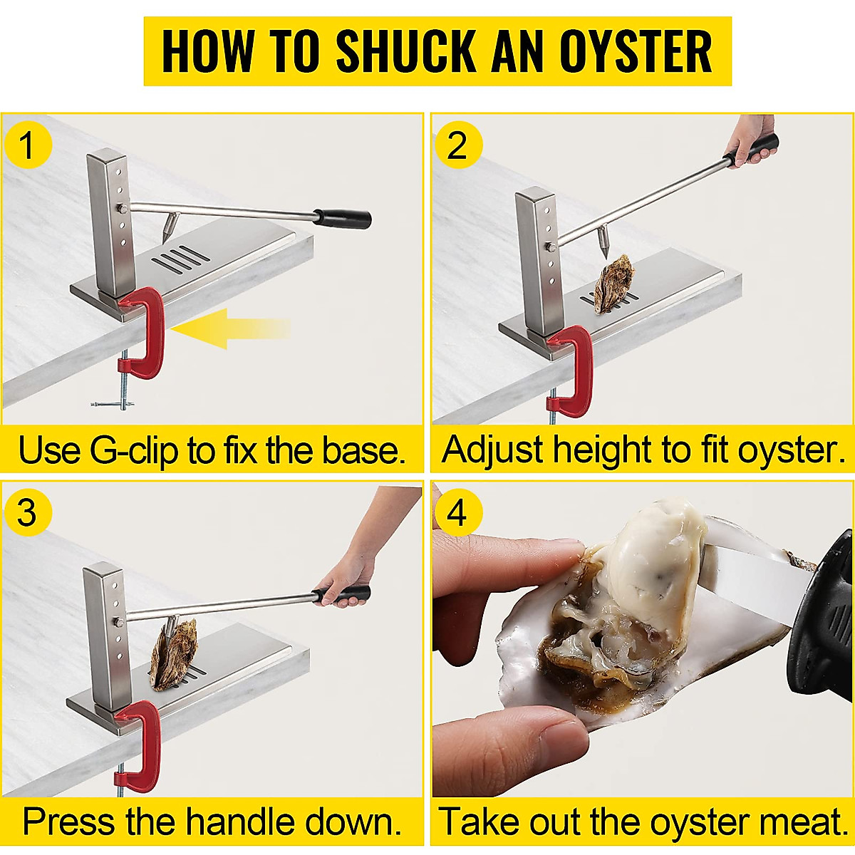 VEVOR Stainless Steel Oyster Shucker Tool Set, Clam Opener Machine with G-Clip for Easy Operation, Solid Option for Hotel Buffets or Gift