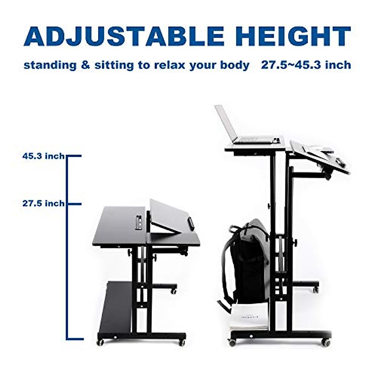 Zytty Portable Standing Desk, Small Standing Desk with Wheels Standing Laptop Desk Mobile Standing Desk for Home Office Adjustable Standing Desk, Stand Up Computer Desk Rolling Laptop Cart, Black