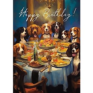 PIXILUV HAPPY BIRTHDAY Greeting card ~ Adorable Group of Dogs Sitting Together at the Table~ Funny Animals Birthday Wishes Greetings Vintage Large Card