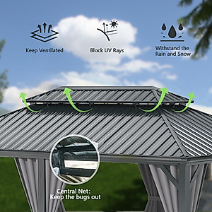 Domi 12'x16' Hardtop Gazebo Canopy,Outdoor Aluminum Gazebo with Galvanized Steel Double Roof,Permanent Gazebo with Drainage System,Curtain and Netting Included,Grey