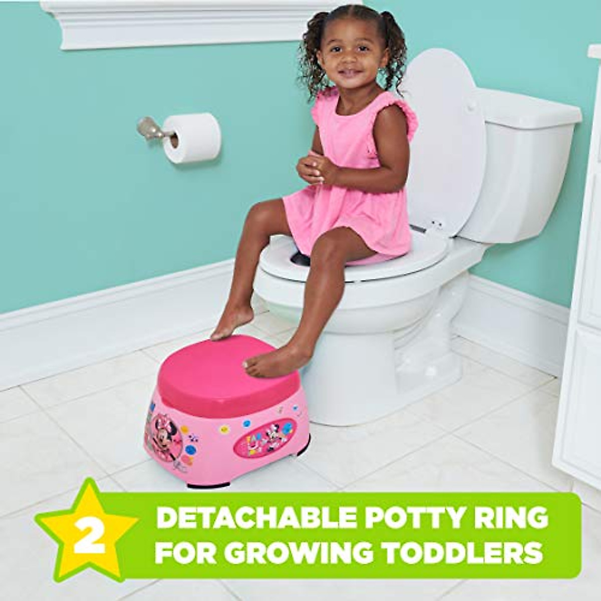 Disney's Minnie Mouse Made You Smile 3-in-1 Potty Training System for Toilet Training Kids, Multi-Stage Potty Training - Floor Potty, Detachable Potty Ring, Step Stool|Toilet Seat for Kids&Toddlers