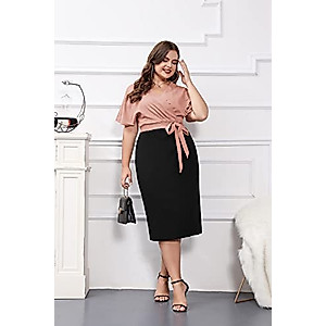 Wedding Guest Dress for Women Vintage Short Sleeve Slim Fit Belted V Neck Wrap Dresses Pink Black L