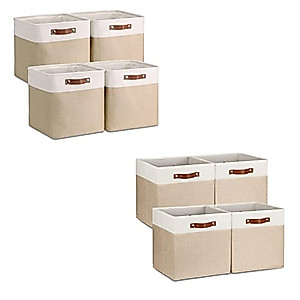 Temary Cube Storage Bins Storage Basket for Shelves Fabric Storage Cubes Closet Baskets for Cube Storage with Leather Handles, Cloth Bins for Home and Office (White & Khaki, 13x13x13 Inch)
