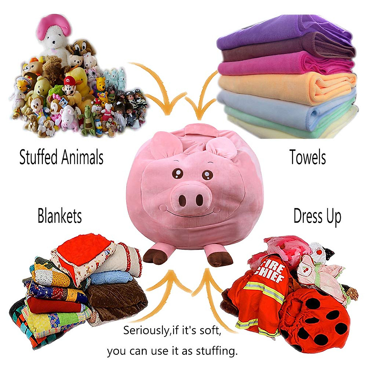 amropi Pig Stuffed Animal Toy Storage,Large Size Storage Bean Bag 24x24 Inch Velvet Extra Soft Stuffie Organization, Pink