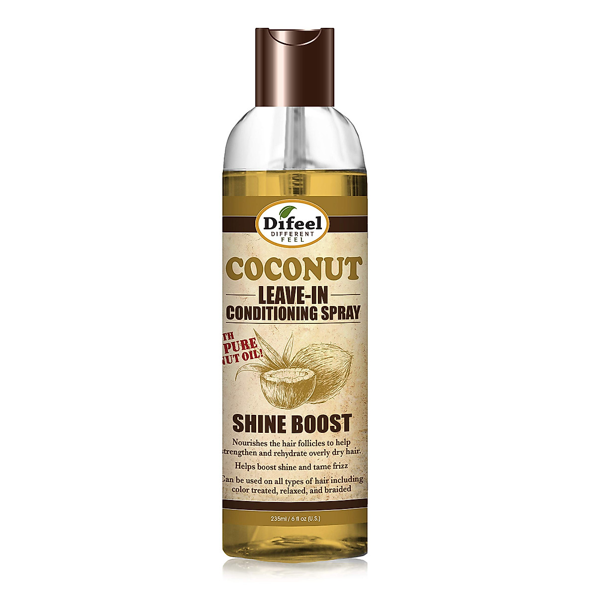 Difeel Shine Boost Leave in Conditioning Treatment - 100% Pure Coconut Oil 6 oz. with Spray Cap & Dispensing Cap