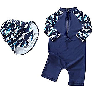 BAOPTEIL Baby/Toddler Boys Swimsuit One Piece Kids Zipper Bathing Suit Swimwear with Sun Hat Rash Guard Surfing Suit UPF 50+ (Ferocious Shark, 9-18 Months)